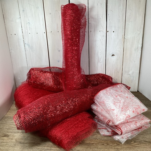 Office | Lot Red Mesh Fabric Hearts Fabric For Crafts Wreaths Weddings ...